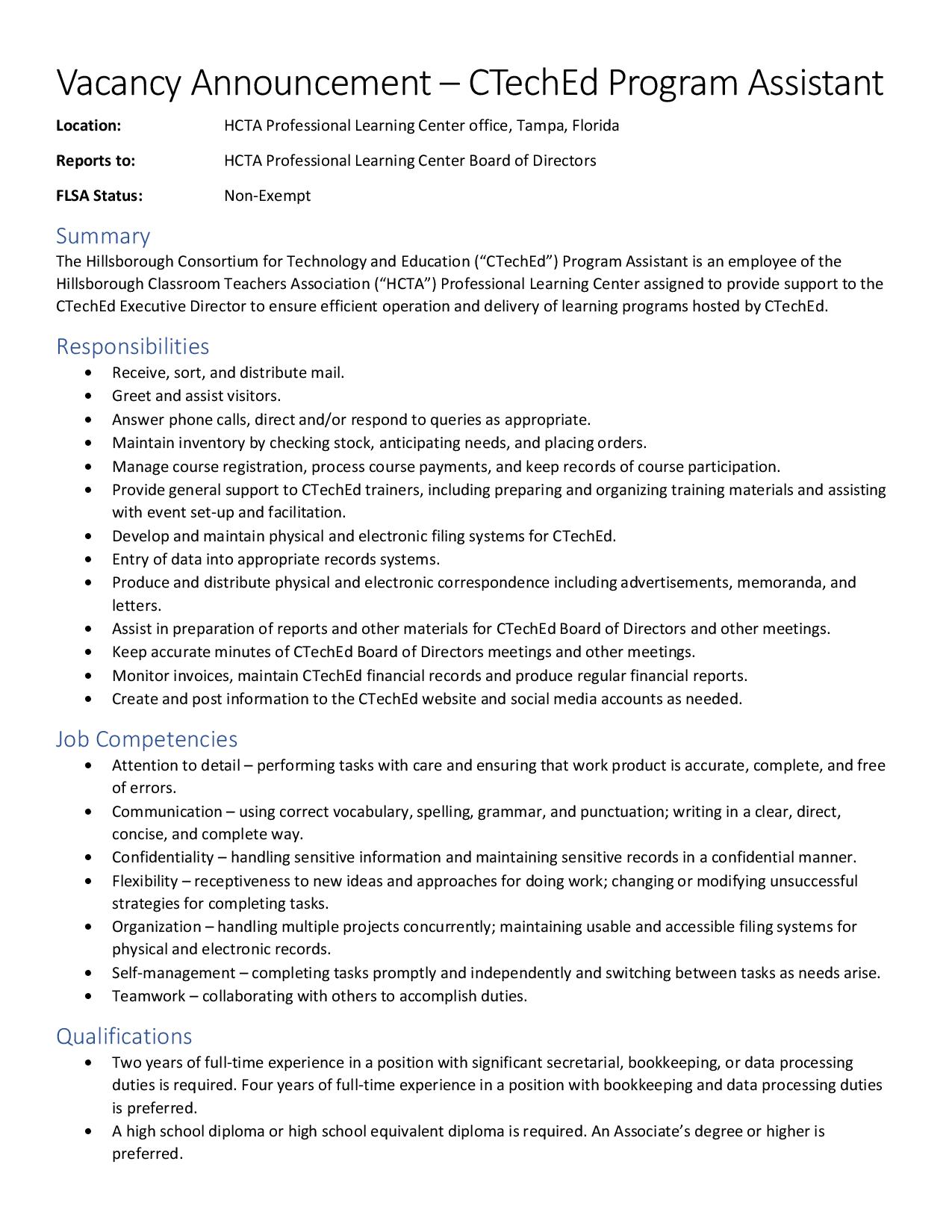 Vacancy Announcement - CTechEd Program Assistant | HCTA